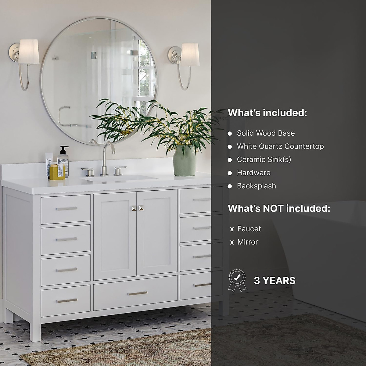 ARIEL Cambridge 55" White Bathroom Vanity with Sink, 1.5" Edge Pure White Quartz Countertop & Backsplash, Center Rectangular Sink, 2 Soft Closing Doors, 9 Full Extension Dovetail Drawers