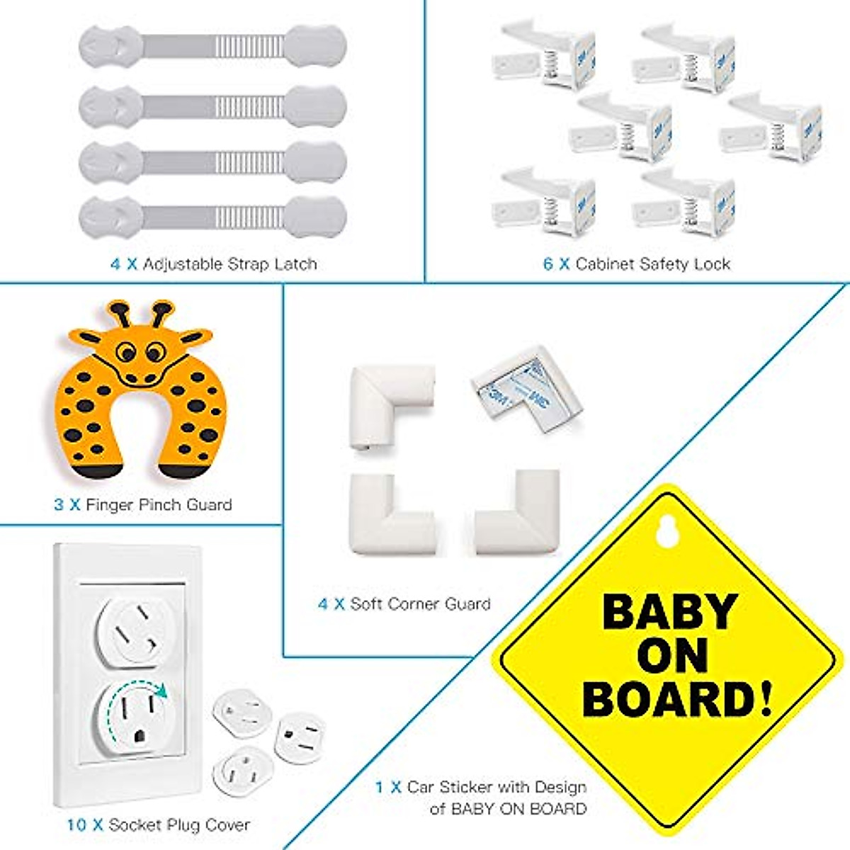 Baby Proofing Kit 18 Pcs - Baby Home Safety All-in-one Solution with Hidden Cabinet Locks, Adjustable Strap Latches, Corner Guards and Finger Pinch Guards