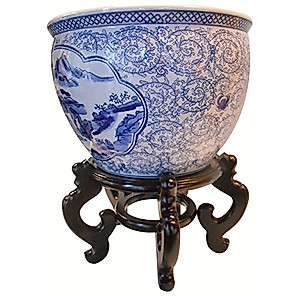 Oriental Furnishings Blue and White Porcelain Garden Pots Painted Landscape (12" W x 9" H/Inside Rim 9.25/Base 8.5)