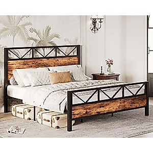 LIKIMIO King Bed Frame, Tall Industrial Headboard 51.2", Platform Bed Frame King with Strong Metal Support, Solid and Stable, Noise Free, No Box Spring Needed, Easy Assembly