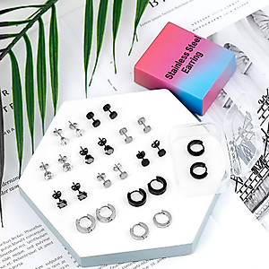 ONESING 12 Pairs Mens Earrings Stainless Steel Earrings for Men Stud Earrings Black Hoop Earrings Silver Flat Back Earrings Hypoallergenic Earrings Set Piercings Jewelry for Men