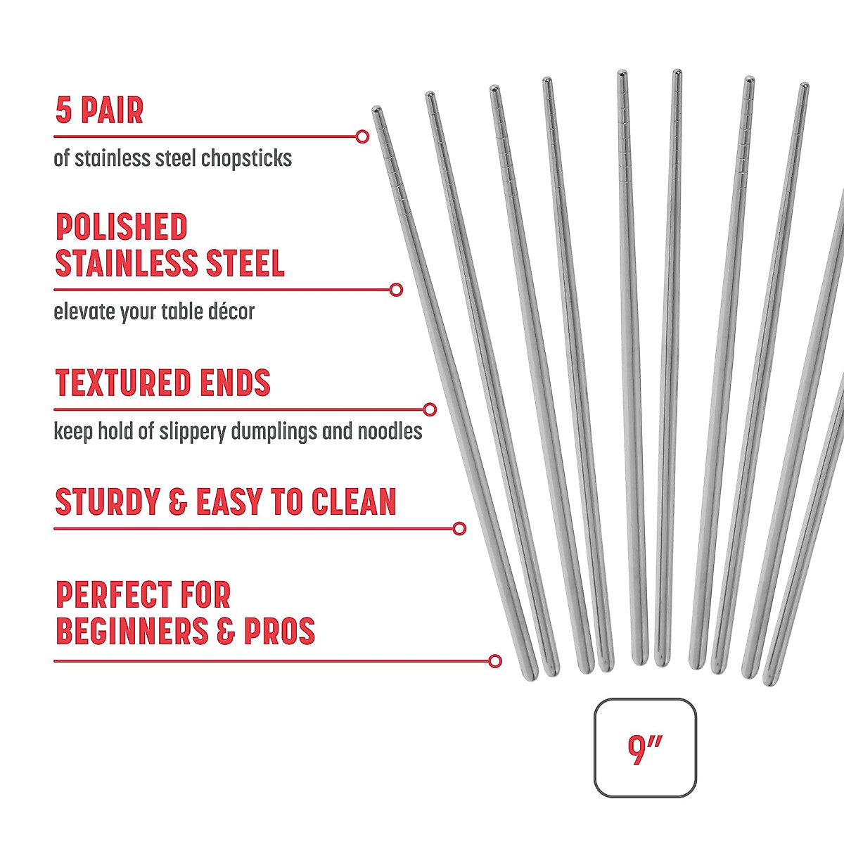 Joyce Chen Reusable Stainless Steel Metal Chopsticks Set, 5 Pair Set