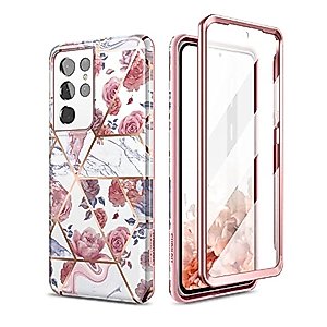 SURITCH Phone Case for Samsung Galaxy S21 Ultra 6.8 inches Slim Fit, Front Cover with Built-in Screen Protector Smooth Back Cover Full Body Protection Shockproof Bumper, Rose Marble