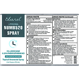 Ebanel 5% Lidocaine Spray Pain Relief Numb520 Burn Itch Relief Numbing Spray for Skin, Topical Anesthetic Postpartum Hemorrhoid Treatment with Phenylephrine for Local and Anorectal Uses