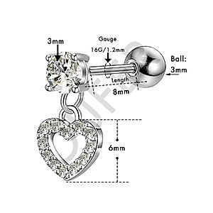 OUFER 16G 316L Stainless Steel Cartilage Earring Stud Heart Shape Dangle Helix Earrings Body Ear Piercing