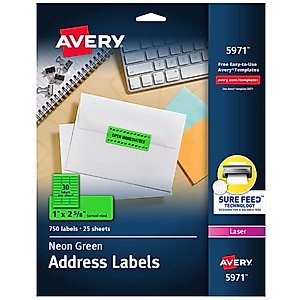 Avery Printable Address Labels with Sure Feed, 1" x 2-5/8", Neon Green, 750 Blank Mailing Labels (5971)
