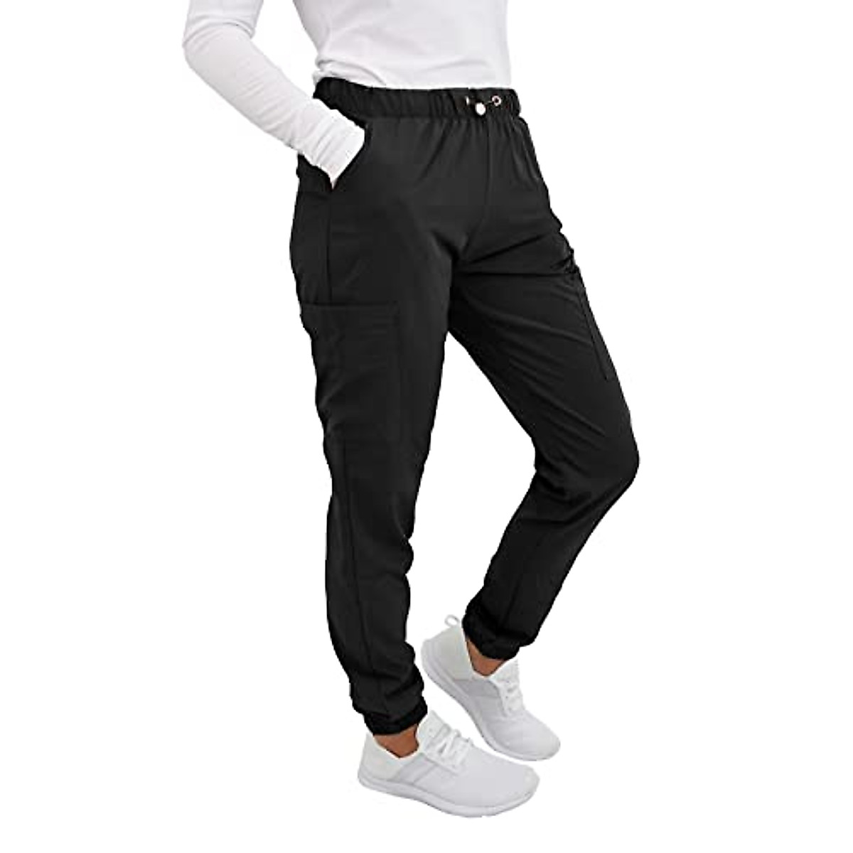 Green Town Women's Medical Nursing Jogger Slim Fit Scrub Pant GT Performance-Black-Small Petite