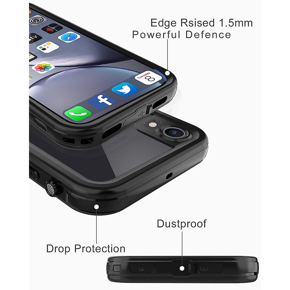 LOVE BEIDI iPhone XR Waterproof case Life Snowproof Dirtproof Shockproof Cover … (Black/Clear)