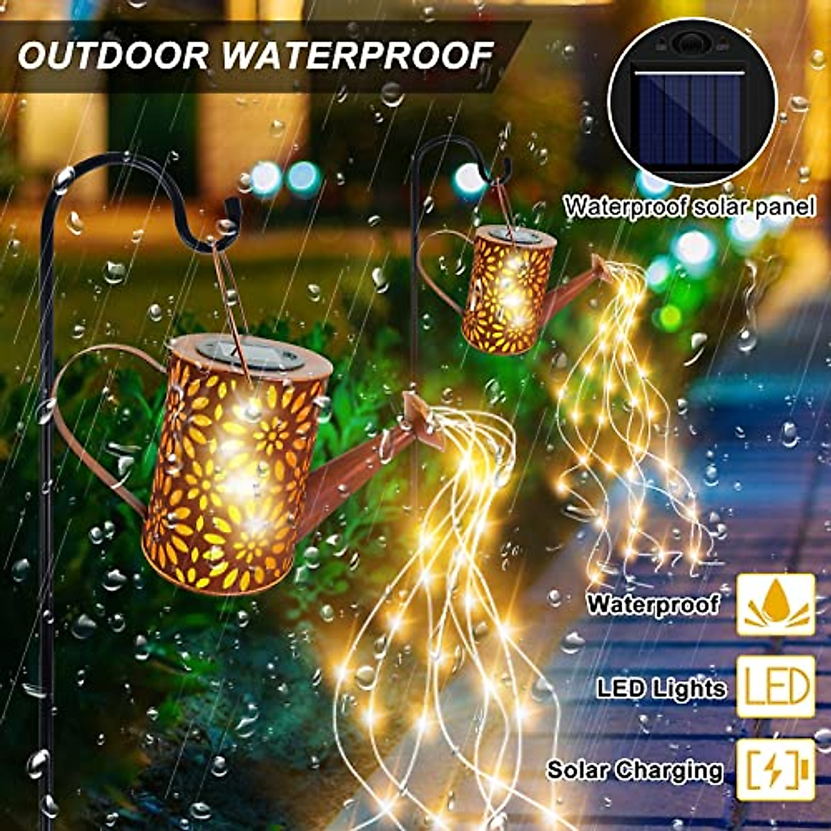 Watering Solar Can Lights Outdoor Waterproof Powered, Large Solar Outdoor Light with Cascading Lights, Solar Lantern Garden Lights with Shepherds Hook for Patio Yard Pathway Mother's Day Gifts