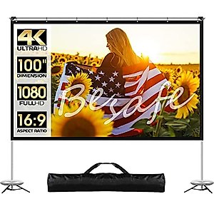 Projector Screen with Stand, 100 inch Outdoor Movie Screen with Tripods, 16:9 4K HD Portable Video Projection Screen for Backyard Home Theater Outside Movie Night Camping w Carry Bag (100 Inch)