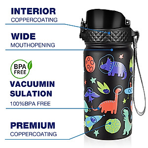 GOPPUS Kids Insulated Water Bottle - 14 Oz BPA Free 18/8 Stainless Steel Travel Bottle with Straw Water Bottle with Double Wall Vacuum Leak Proof Kids Cup for School Boys Girls, Space dinosaur