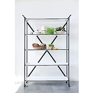 Creative Co-Op 5-Tier 66" H Tray-Style Enameled Metal Unit with Locking Caster Wheels Shelves, White