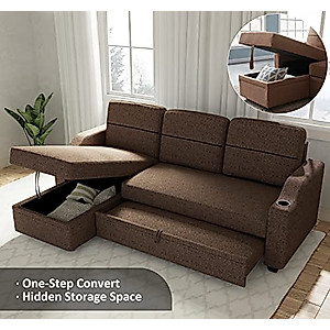 Ucloveria Reversible Sectional Sofa Couch, 82" Sleeper Sofa Bed with Storage Chaise Pull Out Couch Bed for Living Room L-Shape Lounge 2 in 1 Sectional Couch with Cup Holder, Yellow Brown