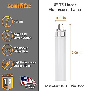 Sunlite 05040 F4T5/CW T5 Linear Fluorescent Lamp, 4 Watts, 135 Lumens, 4100K Cool White, Miniature G5 Bi-Pin Base, ROHS Compliant, High Performance Straight Tube, 10 Pack