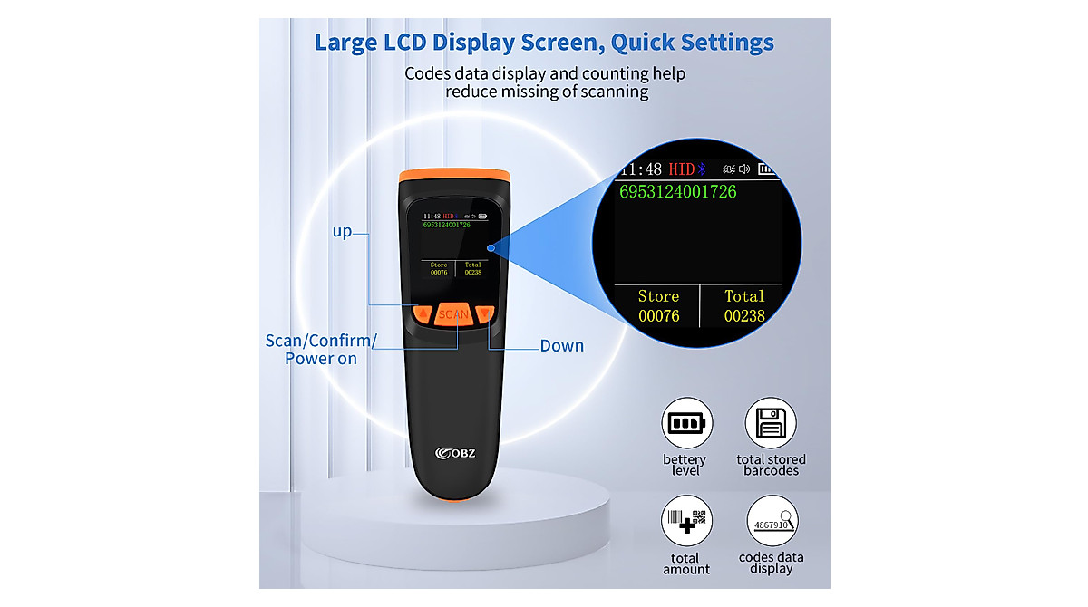 OBZ Mini 2D Bluetooth Barcode Scanner with LCD Display | Portable ...