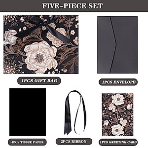 Jaywayang Large Black and Gold Vintage Floral Gift Bag with Card Ribbon and Tissue Paper for Wedding, Bridal Shower, Women Birthday, Mother's day, Anniversary- 12.6" x 10" x 5.1"