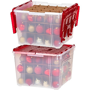 IRIS USA Ornament Storage Box with Attached Lid, Stores 75 Ornaments per Bin, 2-Pack, Stackable Durable Christmas Storage Organization Container Bin for Holiday Decorations and Accessories, Clear/Red