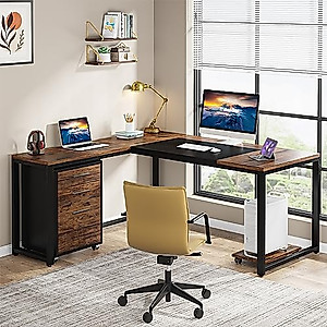 Tribesigns 63" L-Shaped Computer Desk with Mobile File Cabinet, Large Executive Office Desk with 3-Drawer Vertical Filing Cabinet, Business Furniture Sets for Home Office