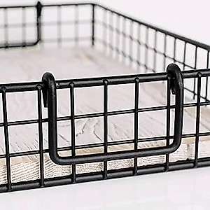 MyGift Black Metal Wire and Whitewashed Wood Decorative Tray with Handles, Nesting Storage Organizer Basket Trays, Set of 2