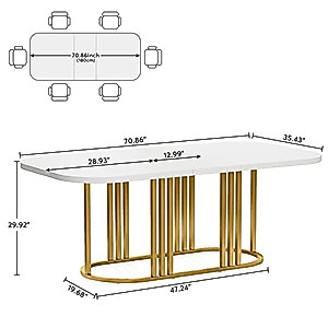 Tribesigns Gold Dining Table for 6, 71” Modern White Kitchen Table, Rectangular Dining Room Table with Heavy Duty Oval-Shaped Metal Frame, White/Gold