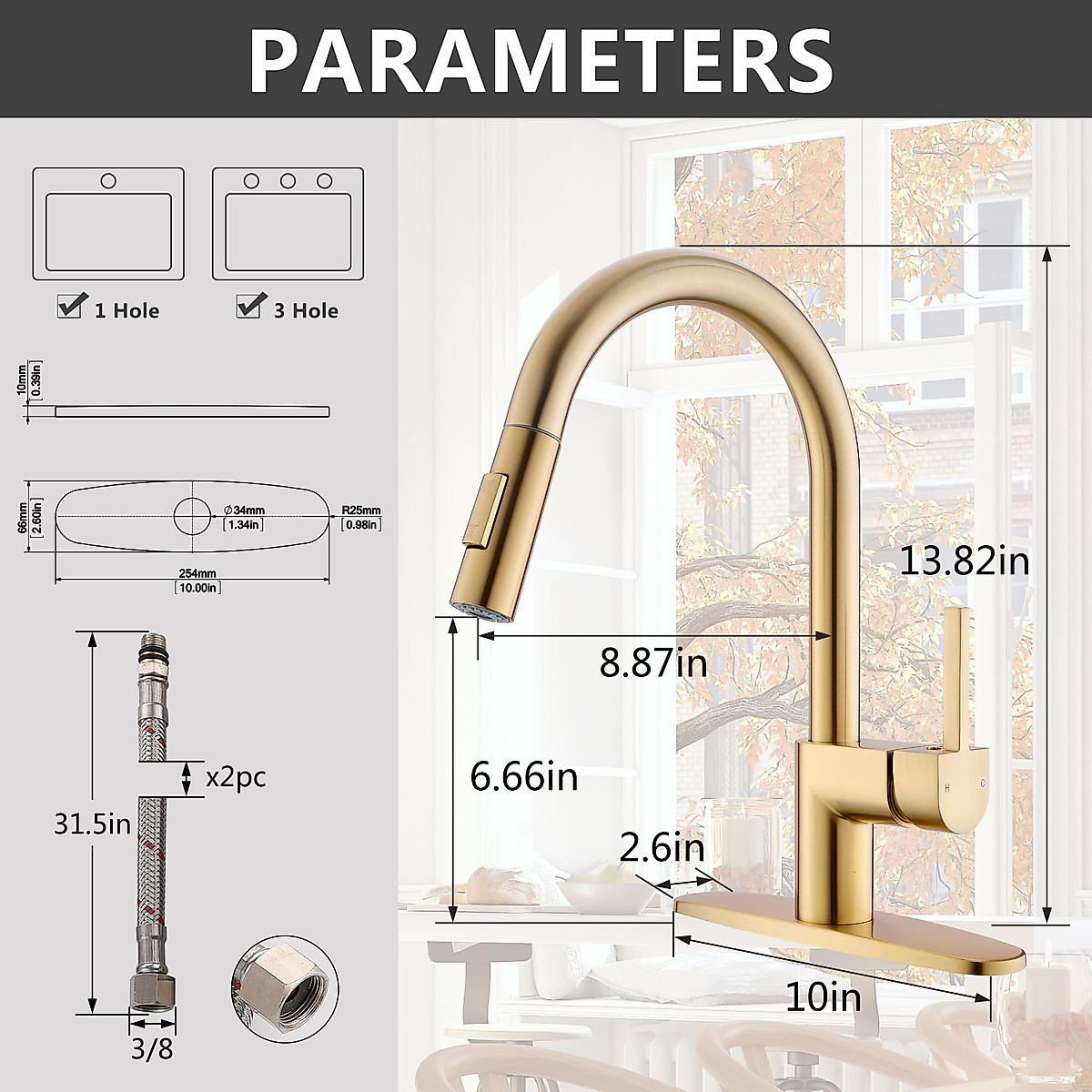 FROPO Gold Kitchen Faucet with Pull Down Sprayer - Modern Single Handle Pull Down Kitchen Sink Faucet with Deck Plate | Commercial Kitchen Faucet for 1 & 3 Hole Stainless Steel Brushed Gold