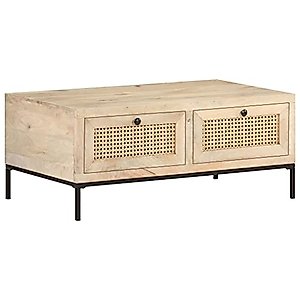 QJBSAVVA Coffee Table 35.4"x19.7"x14.6" Solid Mango Wood and Natural Cane,Entrance Table Tray Tables Center Table Low Table Suitable for Meeting Rooms, Reception Rooms, Offices