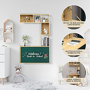 Bixiaomei Wall Mounted Drop Leaf Table, Floating Study Desk Shelf with Chalkboard, Light Oak Folding Wall Desk, Multifunctional Computer Workstation with Storage Compartments in Home Office(30.71IN)