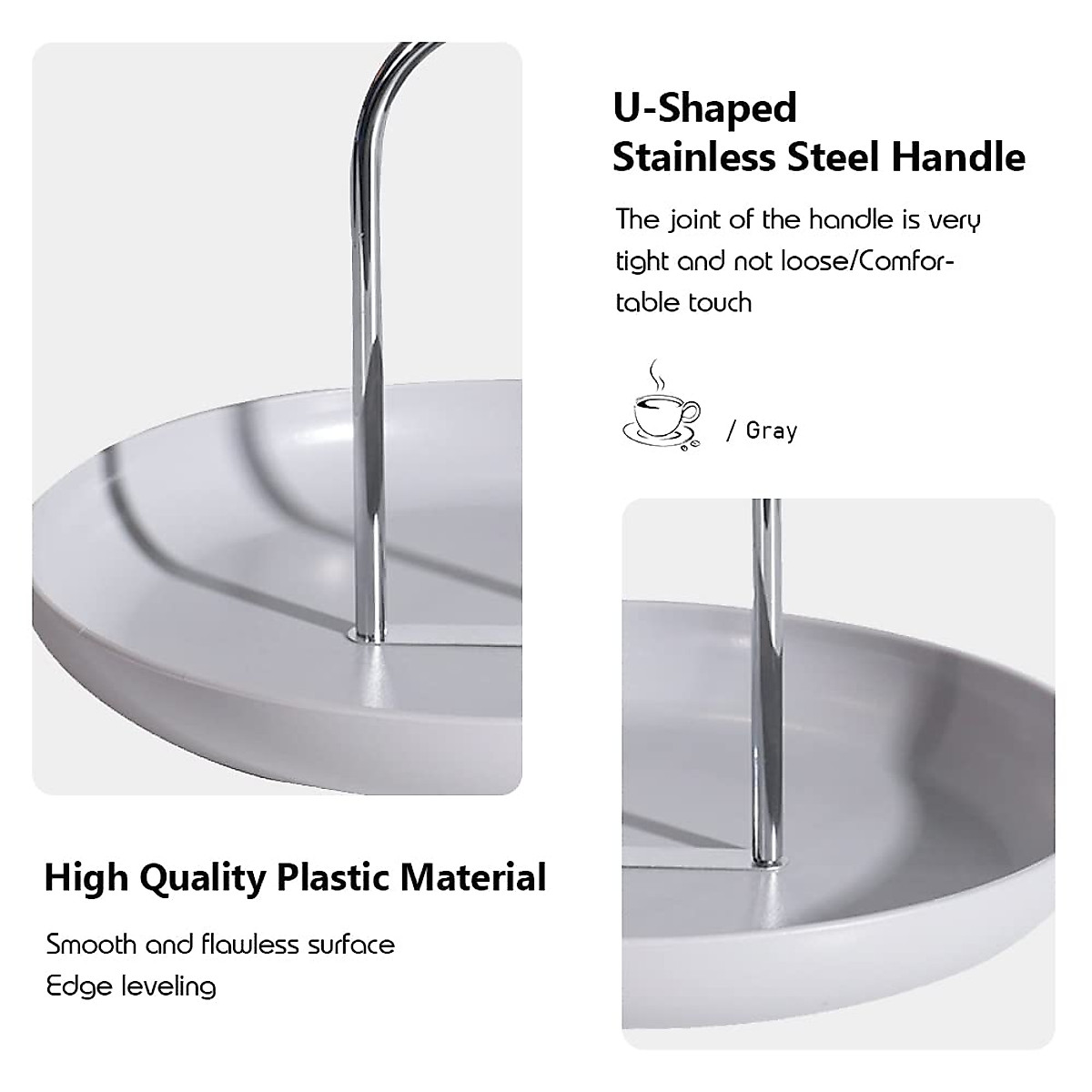 Tynulox Plastic Serving Tray with Stainless U-Handle, Grey Rectangle Portable Tray Modern Decorative Tray for Storing Food, Coffee, Cosmetics in Bedroom, Kitchen, Living Room, 1 Pcs.