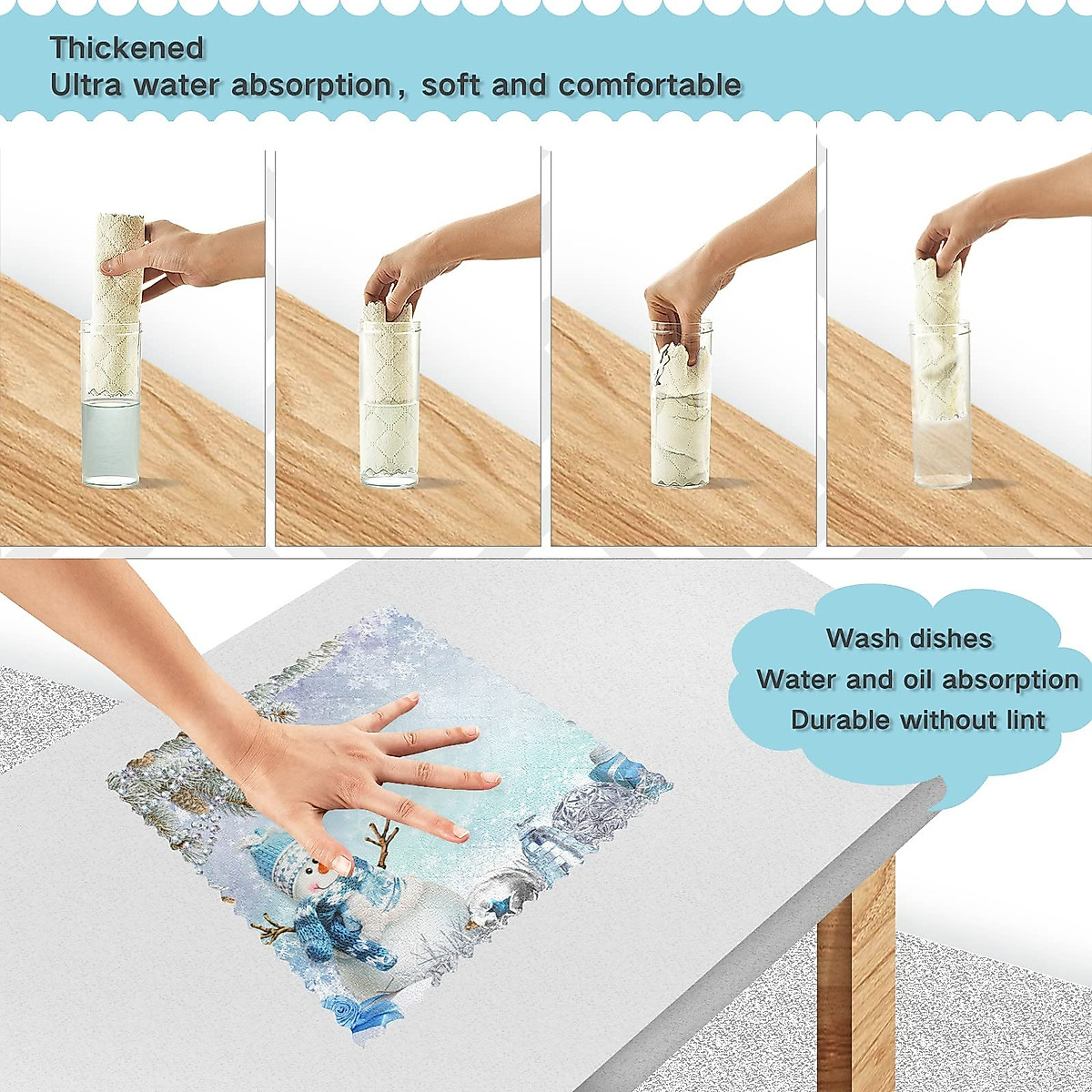 VIGTRO 6 Pack Super Absorbent Kitchen Towels,Winter Snowman Gifts Premium Dish Cloths Towels, Christmas Blue Snowflake Washable Fast Drying Dish Rags Reusable Cleaning Cloth 11x11