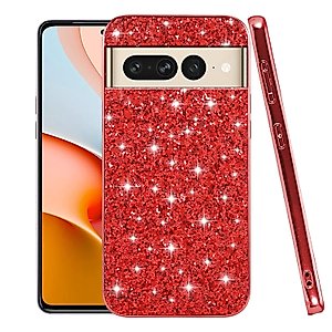 Compatible with Google Pixel 7 Pro Case Glitter Shockproof,Google Pixel 7 Pro Phone Case Bling Sparkly Soft TPU and PC Silicone Shiny Girl Women Thin Protective Cover (Red)