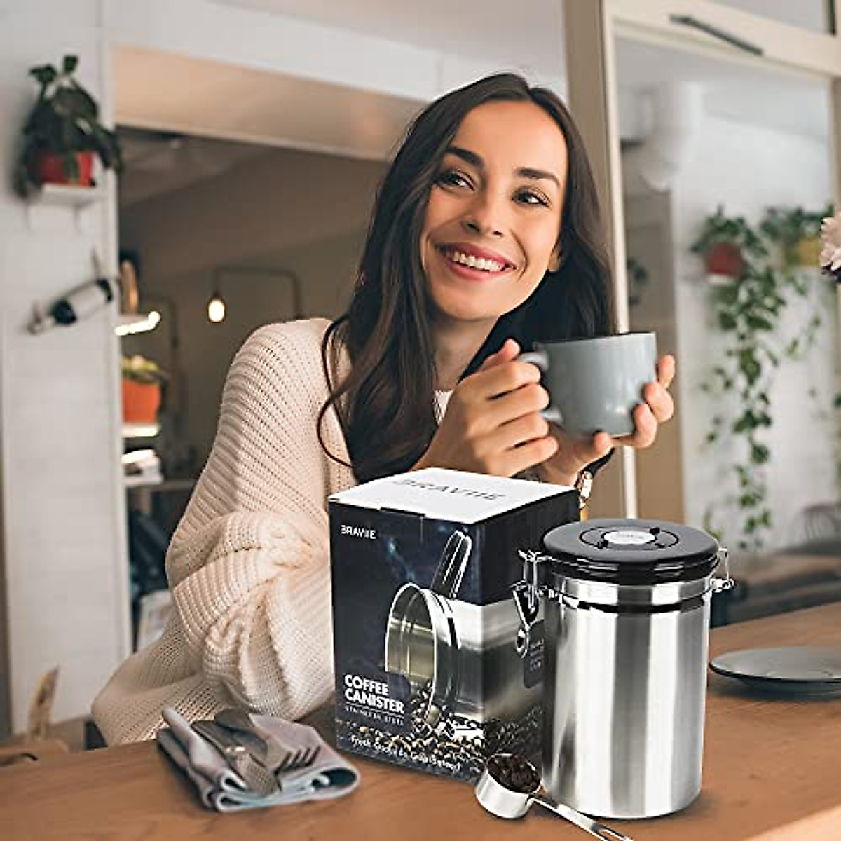 Coffee Canister - Gorgeous Stainless Steel Storage Container with Scoop - Keeps Your Coffee Airtight Fresh and Flavorful, 22oz