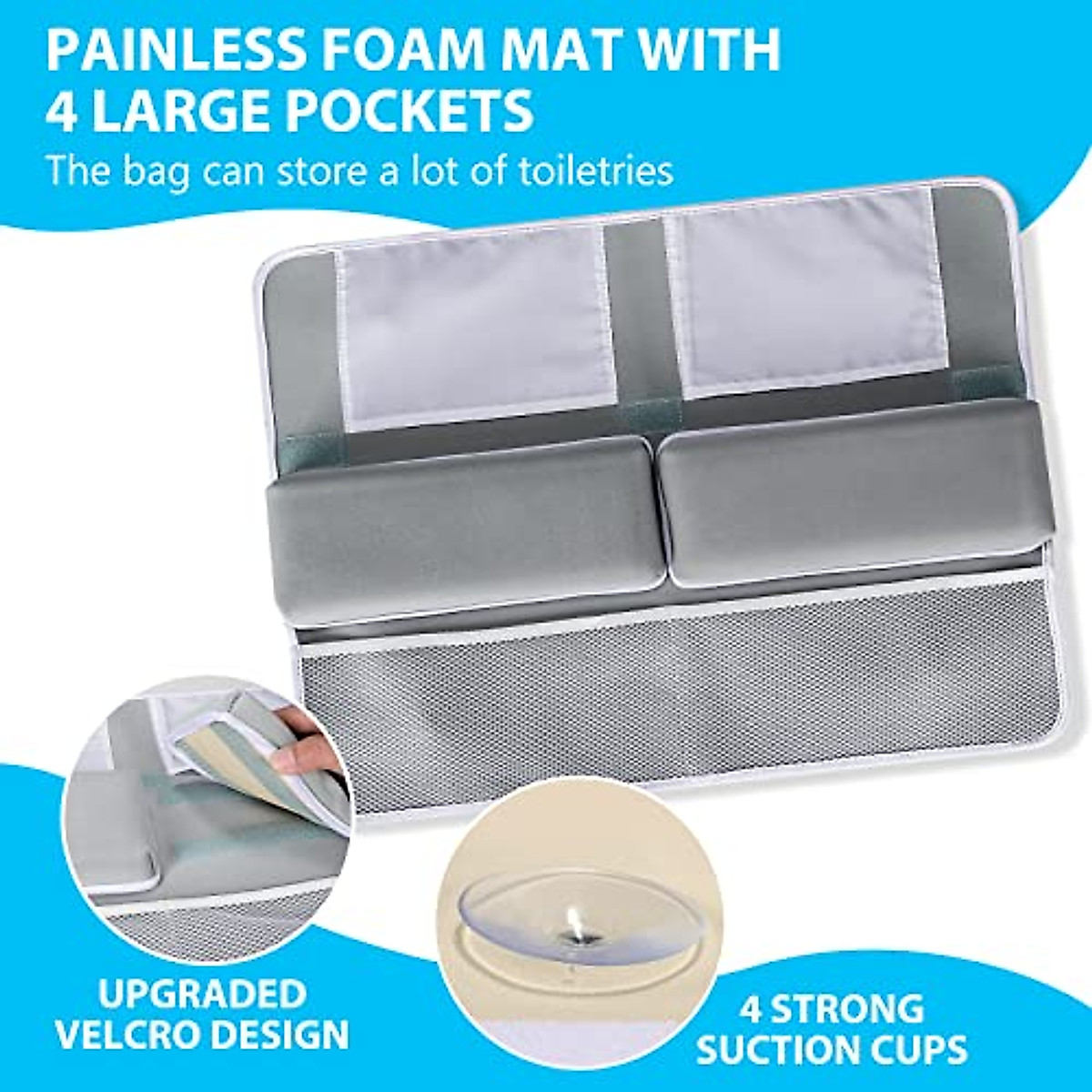 Tiikiy Baby Bath Kneeler and Elbow Rest Pad for Baby Bathing Parents, Painless Foam Mat with Toy Organizer Pockets Support Large Bathtub, Quick Drying, Non-Slip for Baby and Toddler Bathing (Grey)