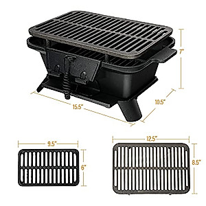 Happygrill Charcoal Grill Portable Barbecue Smoker Grill, Cast Iron Hibachi Grill with Double-sided Grilling Net Air Regulating Door Fire Gate for Outdoor Cooking Camping Hiking Party