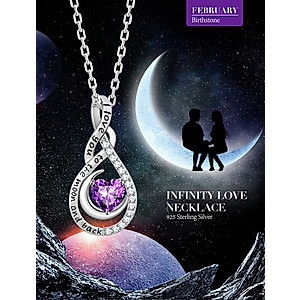Jowaia Birthstone Necklaces for Women, 925 Sterling Silver Dainty Moon Infinity Pendant Necklace Created Amethyst Necklace Anniversary Birthday Christmas Gifts for Women Wife Mom