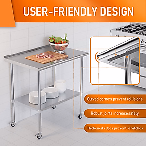 HOCCOT Stainless Steel Prep & Work Table with Adjustable Shelf, with Wheels, Kitchen Island, Commercial Workstations, Utility Table in Kitchen Garage Laundry Room Outdoor BBQ, 24" X 36"