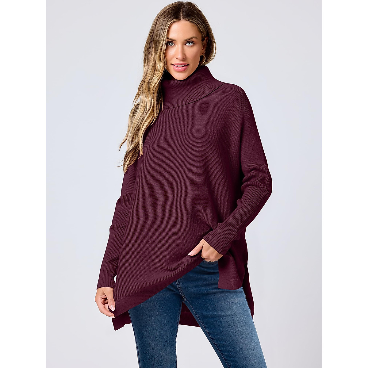 ANRABESS Women's Oversized Turtleneck Batwing Sleeve Spilt Casual Loose Knit Tunic Pullover Sweater Tops 2025 Fall Outfits Wine Red Small