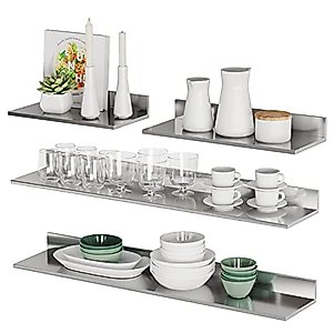 Wallniture Plat 15.8" Kitchen Floating Shelves and 30.75" Steel Shelves Bundle Restaurant Bar Cafe & Home Kitchen Organization Silver