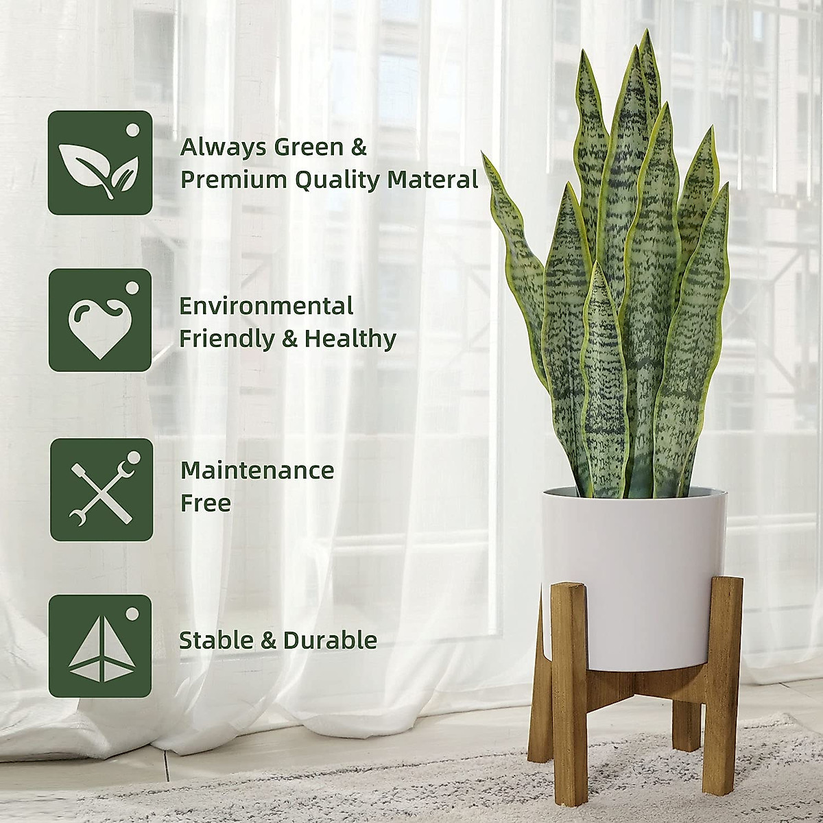 Auelife Artificial Snake Plants 2PCS 41-INCH Fake Snake Plants with Wood Stand Tall Faux Snake Plants (Extra Include 2PCS White Imitation Ceramic Pots) Perfect for Home Garden Office Store Decoration