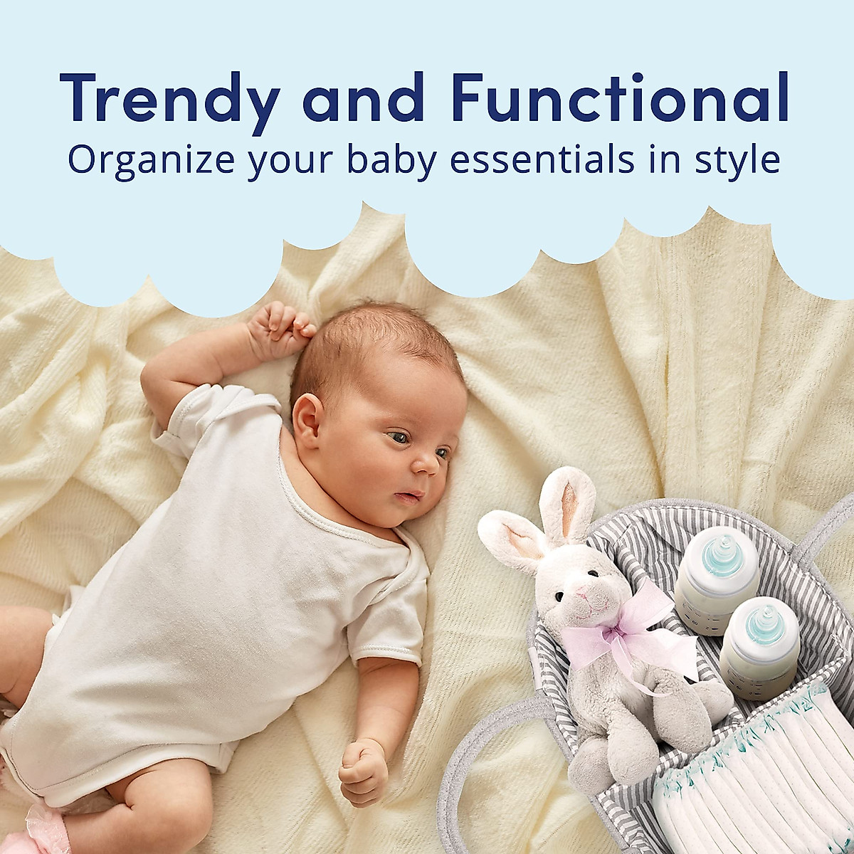 MADDYKINS - Diaper Caddy, Diaper Basket Organizer, 100% Pure Woven Cotton Diaper Storage Caddy, Large Diaper Caddy, Grey/White