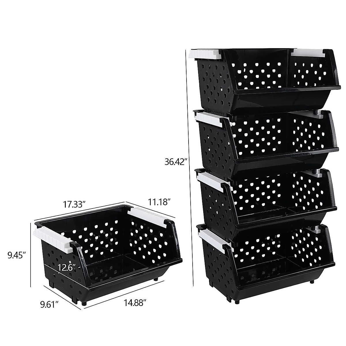 Ewingger 4-Pack Plastic Stacking Storage Basket, Stackable Organizer Baskets Bin, Black