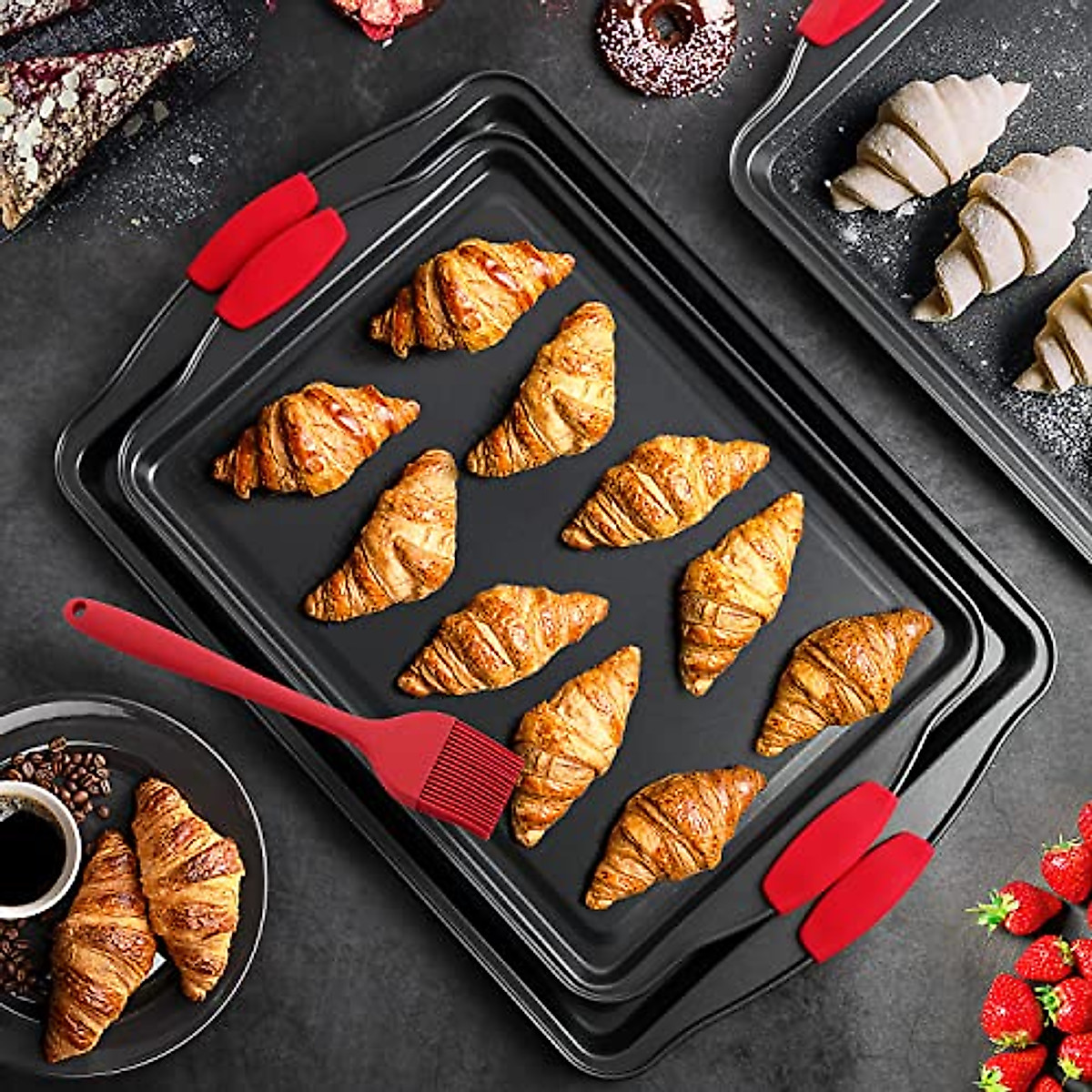 Baking Sheet Set, 3-Piece Cookie Sheet Set with Silicone Handles, Steel Baking Pans Set, Durable Baking Sheets for Oven, BPA Free Cookie Sheets for Baking Nonstick Set, Sheet Pan - Black Baking Pan