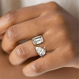 通用 Eternity Rhodium Plated Solid Silver Two Stone Engagement Ring 3ct Pear and 3ct Emerald Shape Zircon Open Adjustable Wedding Anniversary Ring (Silver, 7)