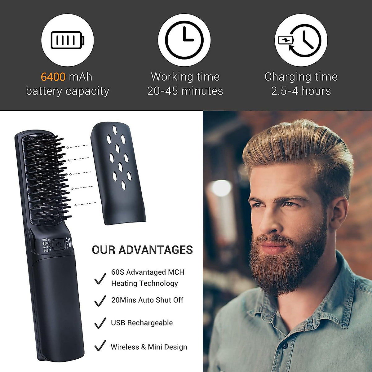 IHHAIR Premium Beard Mini Straightener Brush, Professional Straightener Brush for Men, Rechargeable 6400 mAh Straightening Tool Heated Comb, for Short & Long Beards for Home and Travel