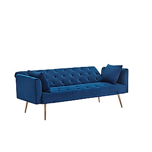 72"Modern Velvet Sofa Bed Futon,Convertible Folding Sleeper Bed Couches with 3 Adjustable Backrests,Tufted Recliner Love Seat with Golden Chrome Legs for Living Room Apartment Office (Navy+pillows)