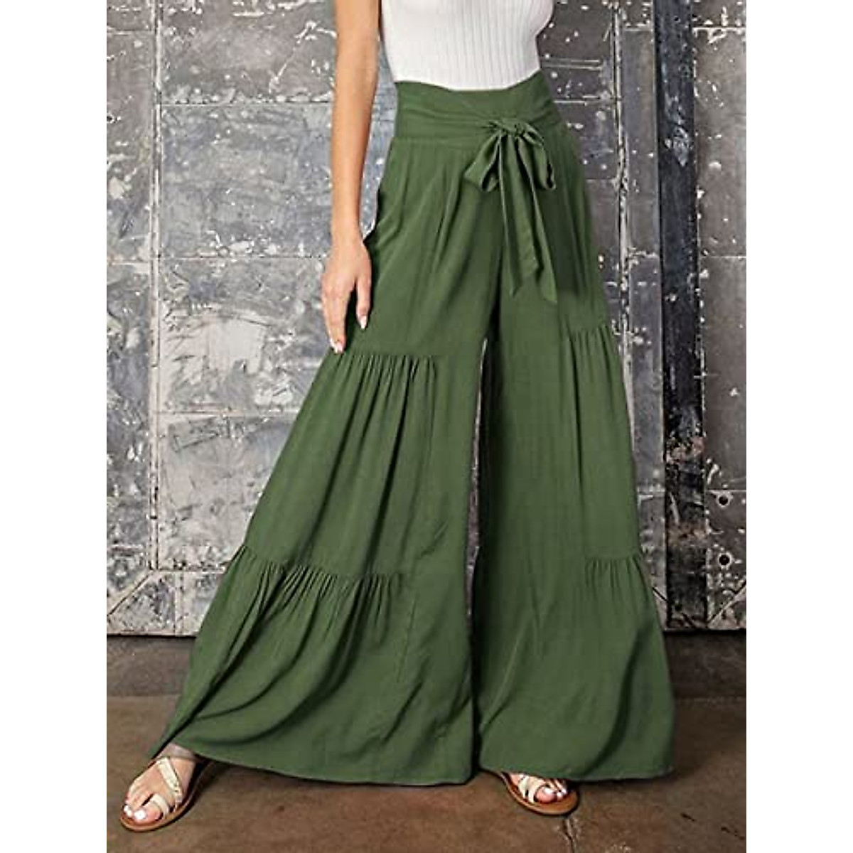 Atoindemiy Women's Boho Elastic High Waisted Ruffle Hem Wide Leg Loose Yoga Palazzo Pants with Belt (XL, SLJH004)