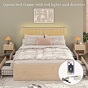 Yechen Queen Bed Frame with Natural Rattan Headboard and Wooden 4 Storage Drawers, Metal Platform with Strong Wooden Slats Support, Boho Cane Bed Mattress Foundation, No Box Spring Needed