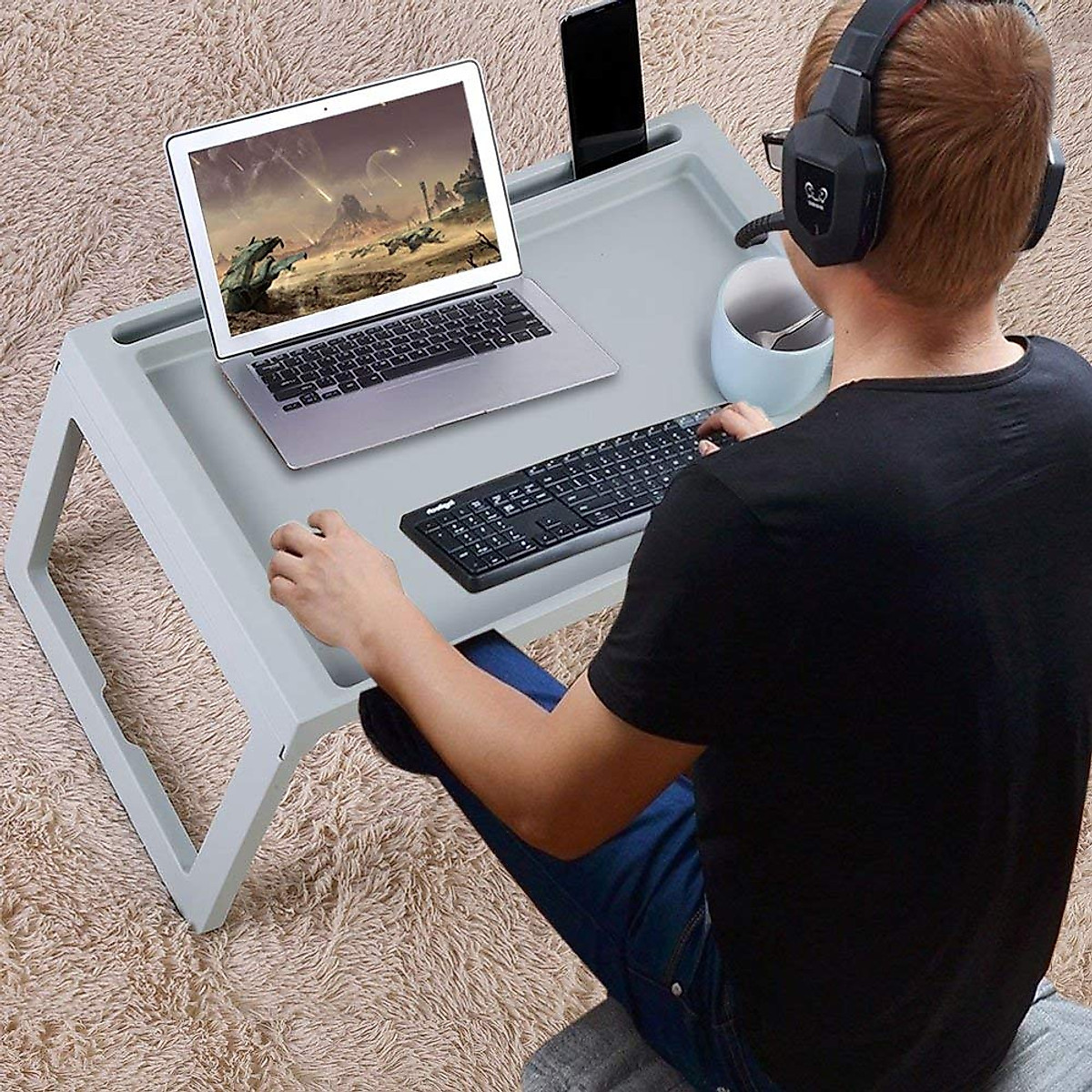 Bed Tray Table Breakfast Serving Tray with Foldable Legs for Sofa, Bed, Food Eating, Working, Used As Laptop Desk Snack Tray Bed Tray for Eating Reading Working Laptop Tray in Bed Sofa Blue