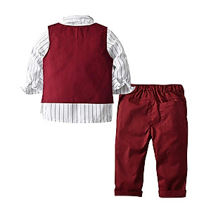 Boys Formal Outfit Suit, Toddler Boys 3Pcs Clothing Set Long Sleeve Bowtie Shirt+Vest+Pants Casual Suit Wine Red 0-4T (Wine Red, 18-24 Months)