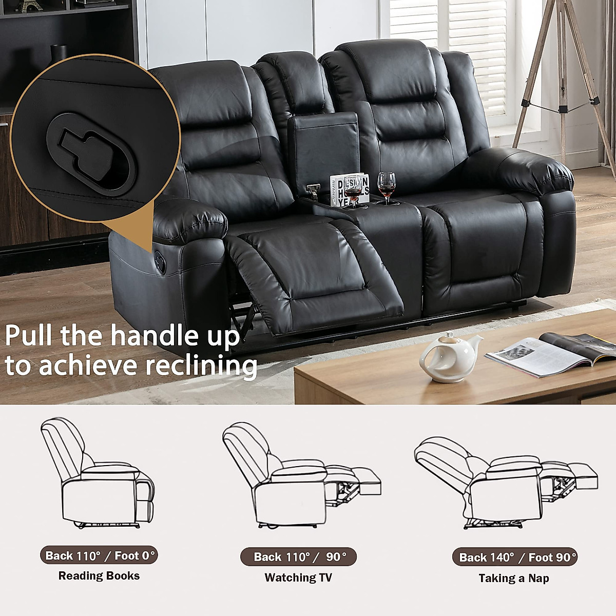 KAZIO Manual Leather Recliner Sofa Set, Living Room Furniture Set,Leather Sofa Set and Recliner Couch for Home/Office