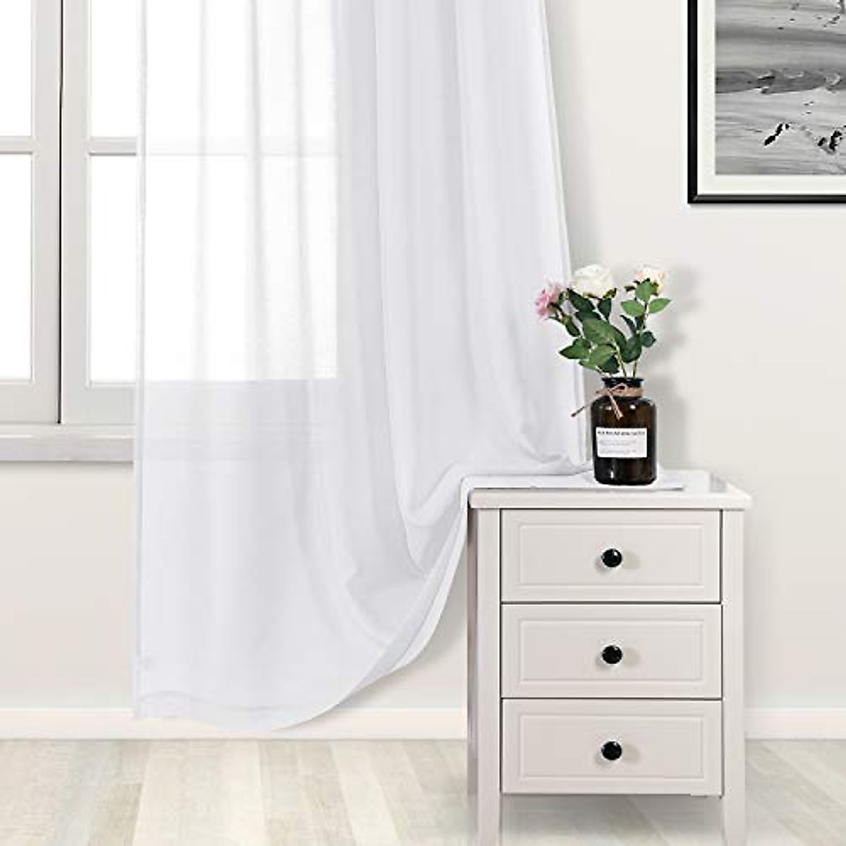 DWCN White Sheer Curtains Linen Look Semi Transparent Voile Grommet Curtains for Living Dining Room Drapes 52 x 84 Inch Long, Set of 2 Panels